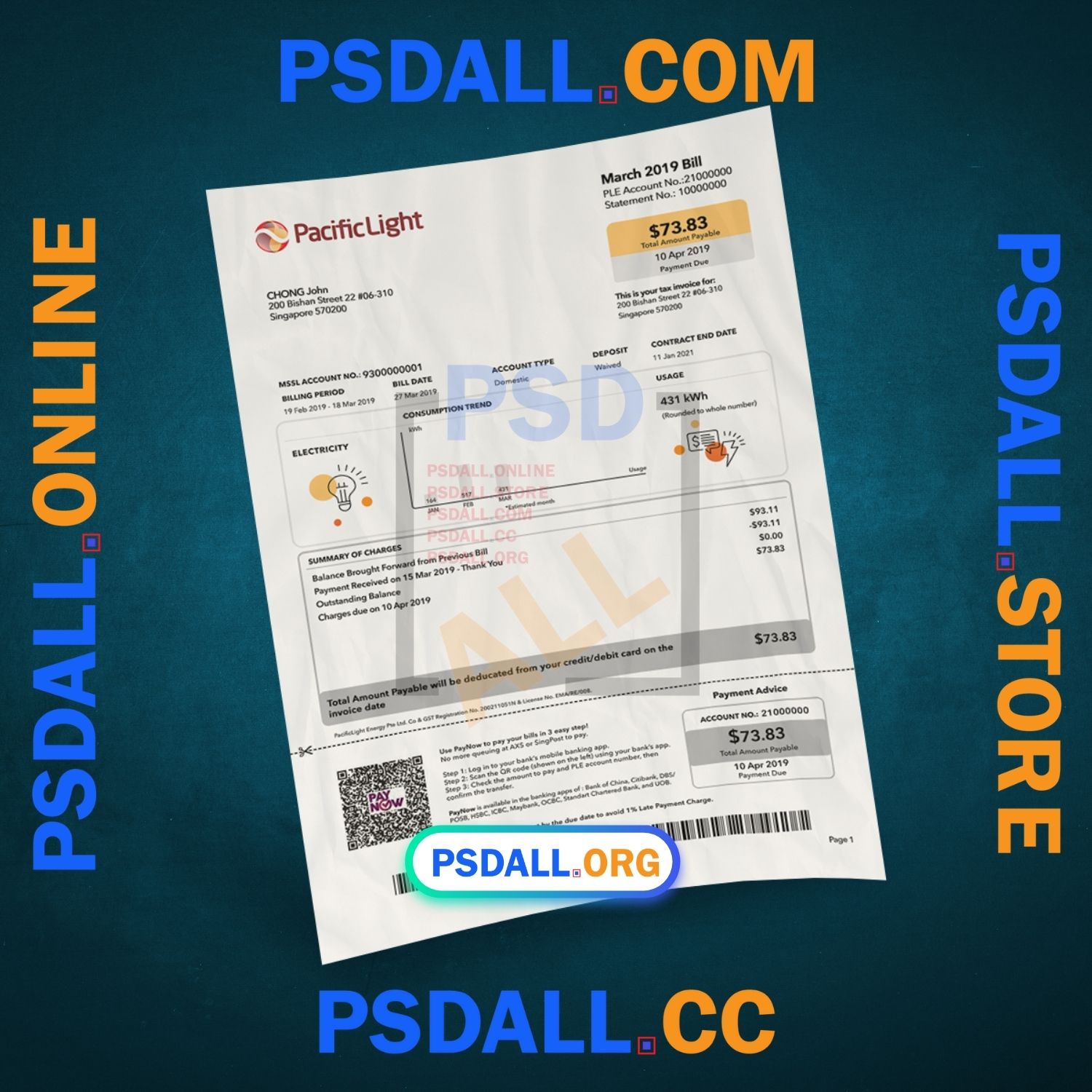 Singapore Pacific Light Electricity Bill PSD Template - psdall.org